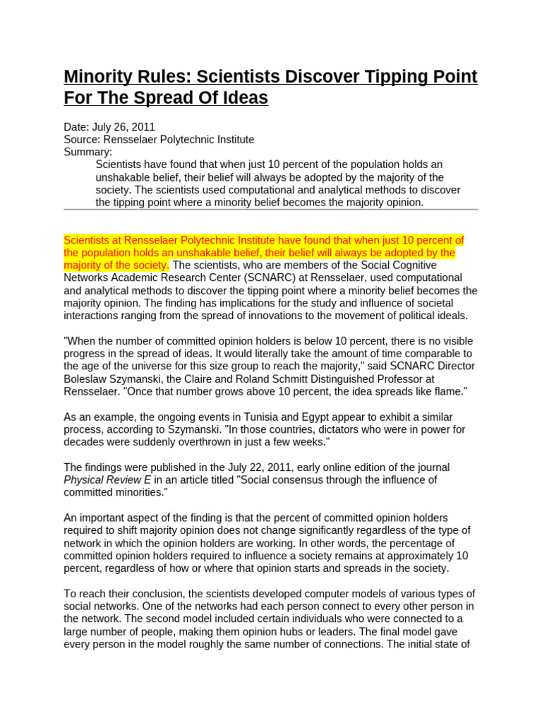 Minority Rules - Scientists Discover (10%) Tipping Point For The Spread ...