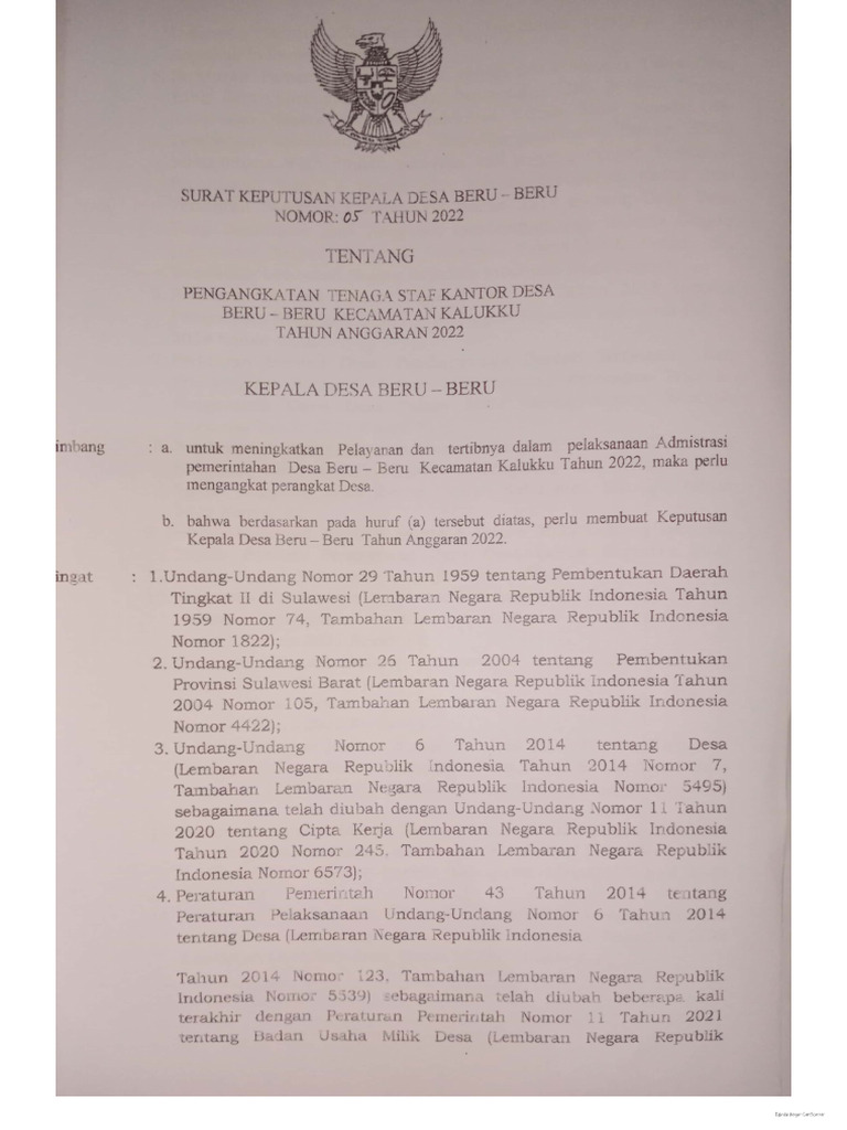 SK Staf Kantor Desa Beru Beru M7gtav SK Staf Desa 2022 PDF | PDF