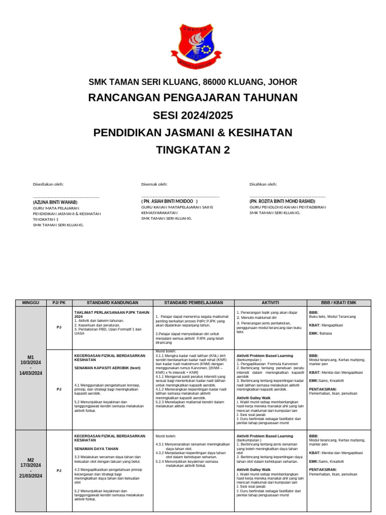 Rancangan Pengajaran Tahunan SESI 2024/2025 Pendidikan Jasmani & Kesihatan Tingkatan 2 | PDF