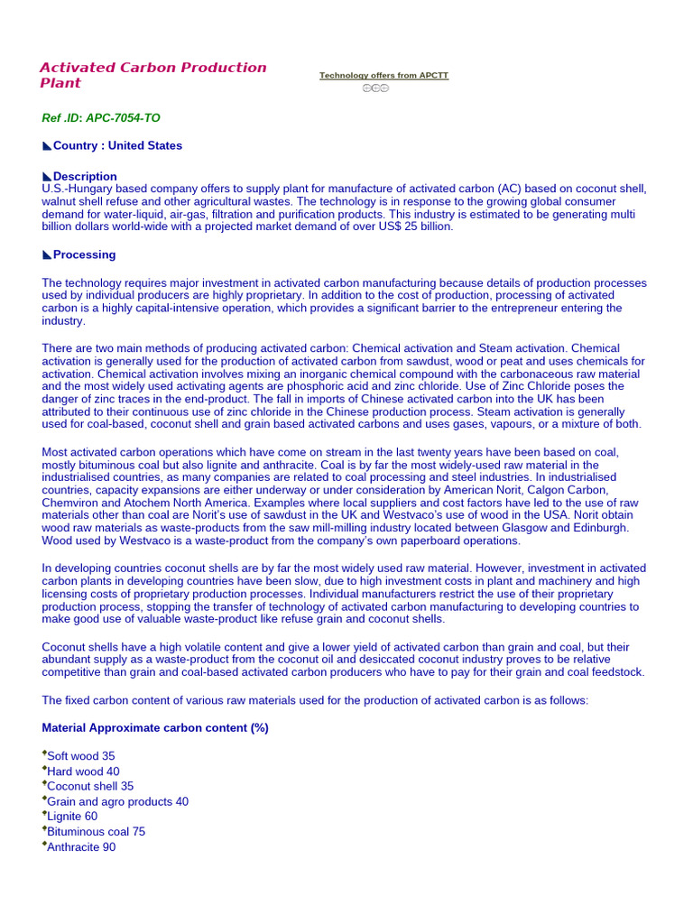 Activated Carbon Production Plant Overview | PDF | Coal | Carbon