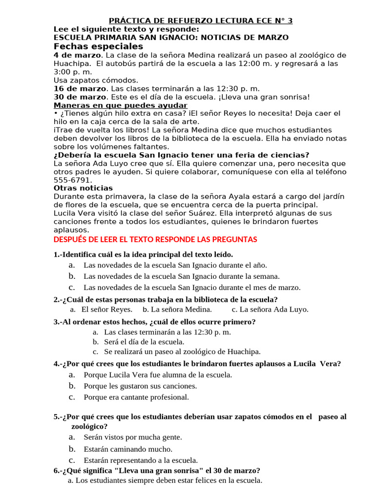 Evaluacion Lectura Ece Practica #3 Prof Mercedes | PDF