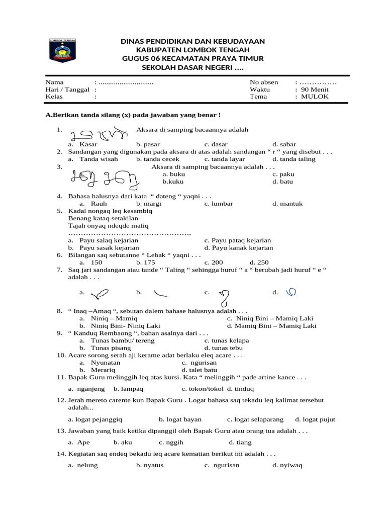 Soal - Uas - Mulok - KLS - 4 - SMTR 1 | PDF | Seni & Disiplin Bahasa