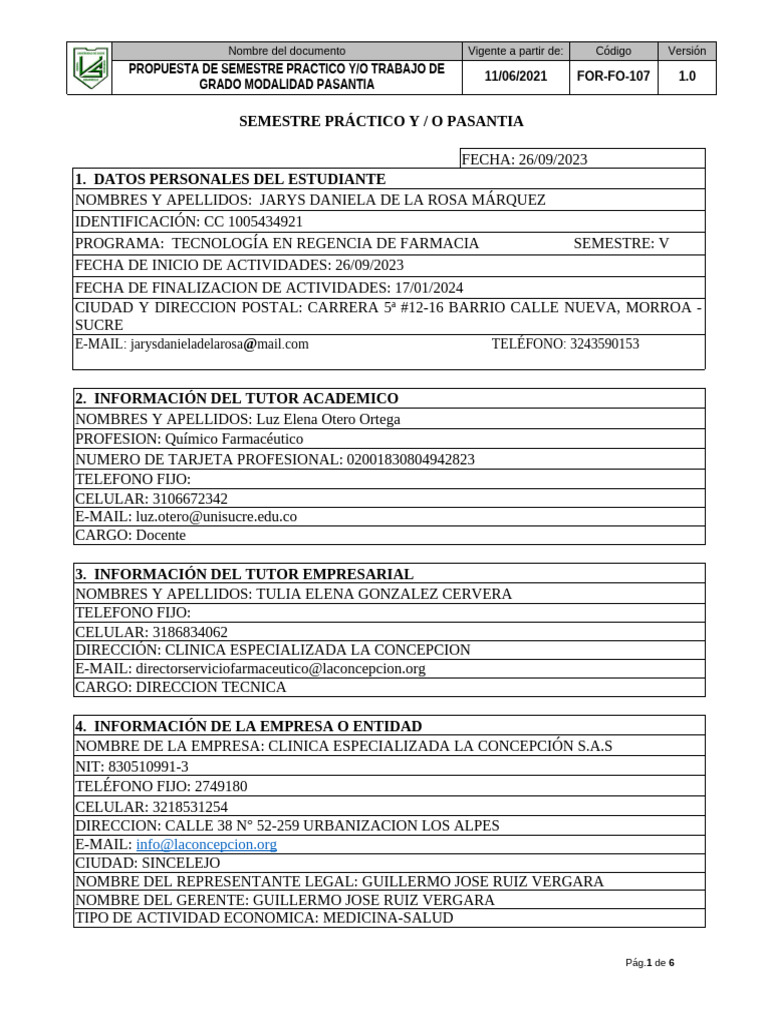FOR-FO-107 Propuesta - TG Mod Pasantía Ver 1.0 | PDF | Farmacéutico ...