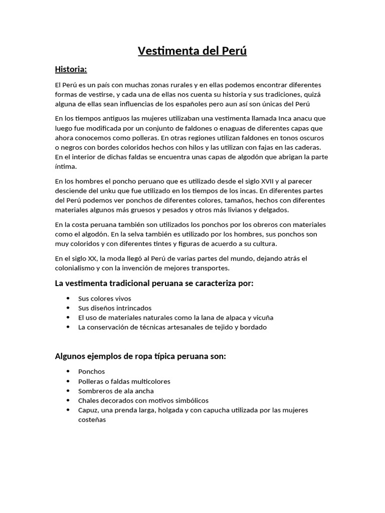 Vestimenta Tradicional del Perú | PDF | Ropa | Perú