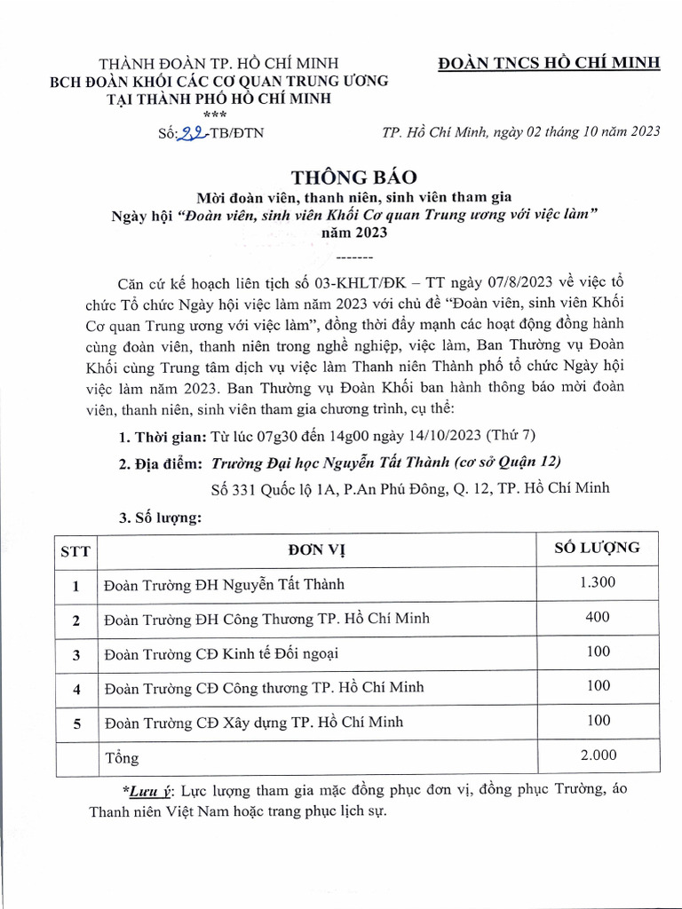 TB Huy Dong Luc Luong Ngay Hoi Viec Lam 2023 | PDF