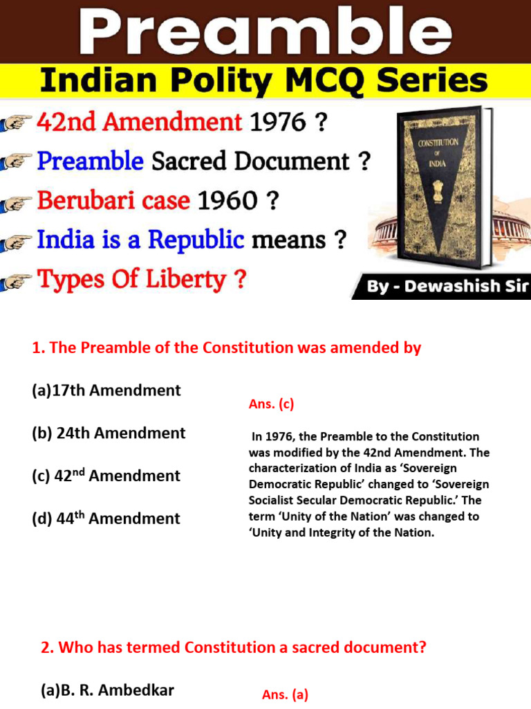 Preamble Indian Polity MCQ | PDF | Justice | Crime & Violence