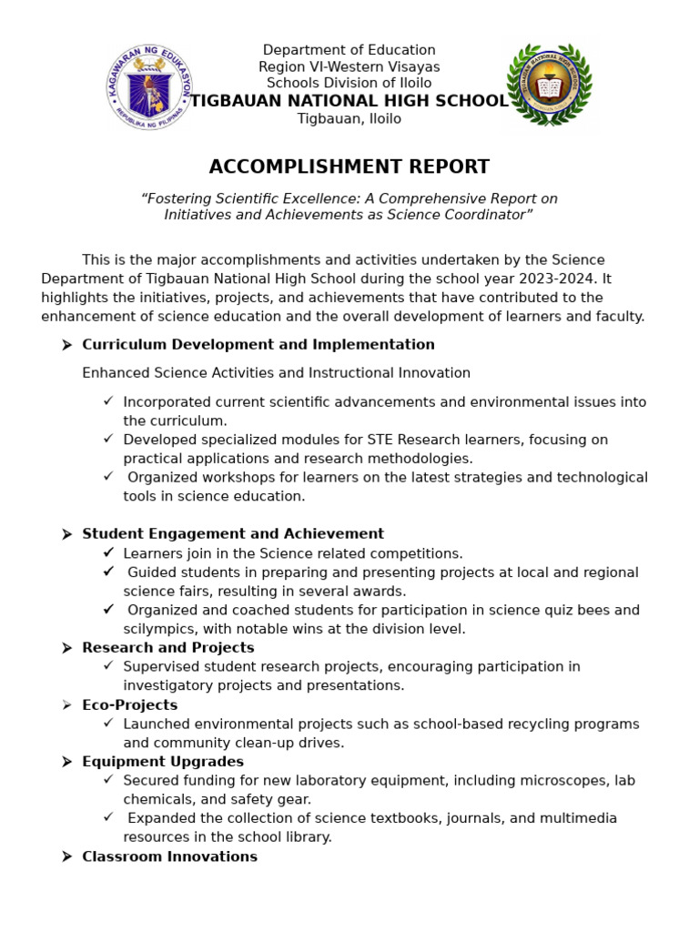 Accomplishment Report | PDF | Science | Schools