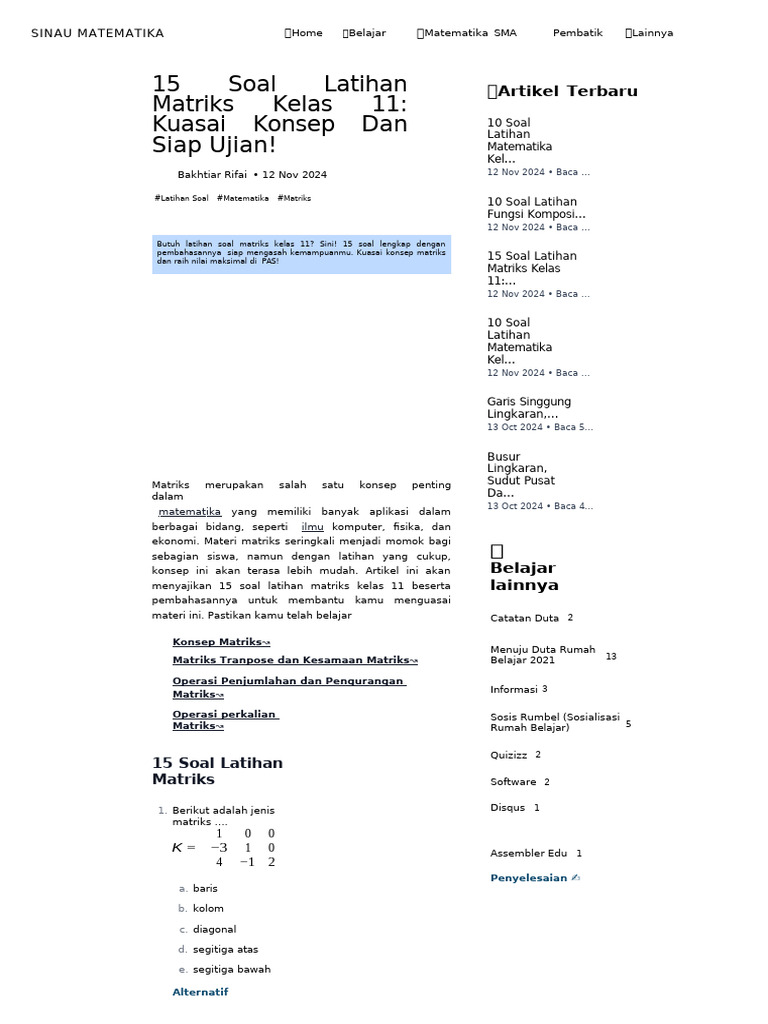 15 Soal Latihan Matriks Kelas 11 - Kuasai Konsep Dan Siap Ujian! - Sinau Matematika | PDF