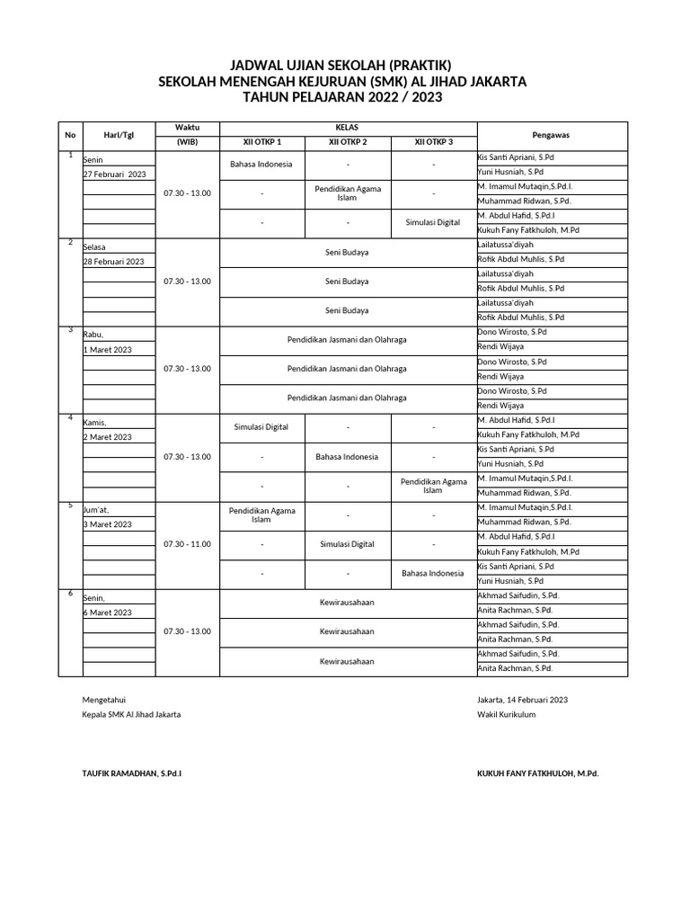 JADWAL UJIAN PRAKTIK KELAS XII TAHUN 2023 | PDF