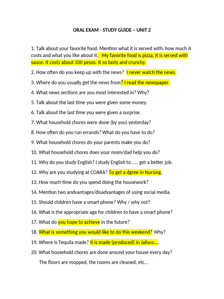 Oral Exam - Study Guide - Unit 2 | PDF | Lifestyle