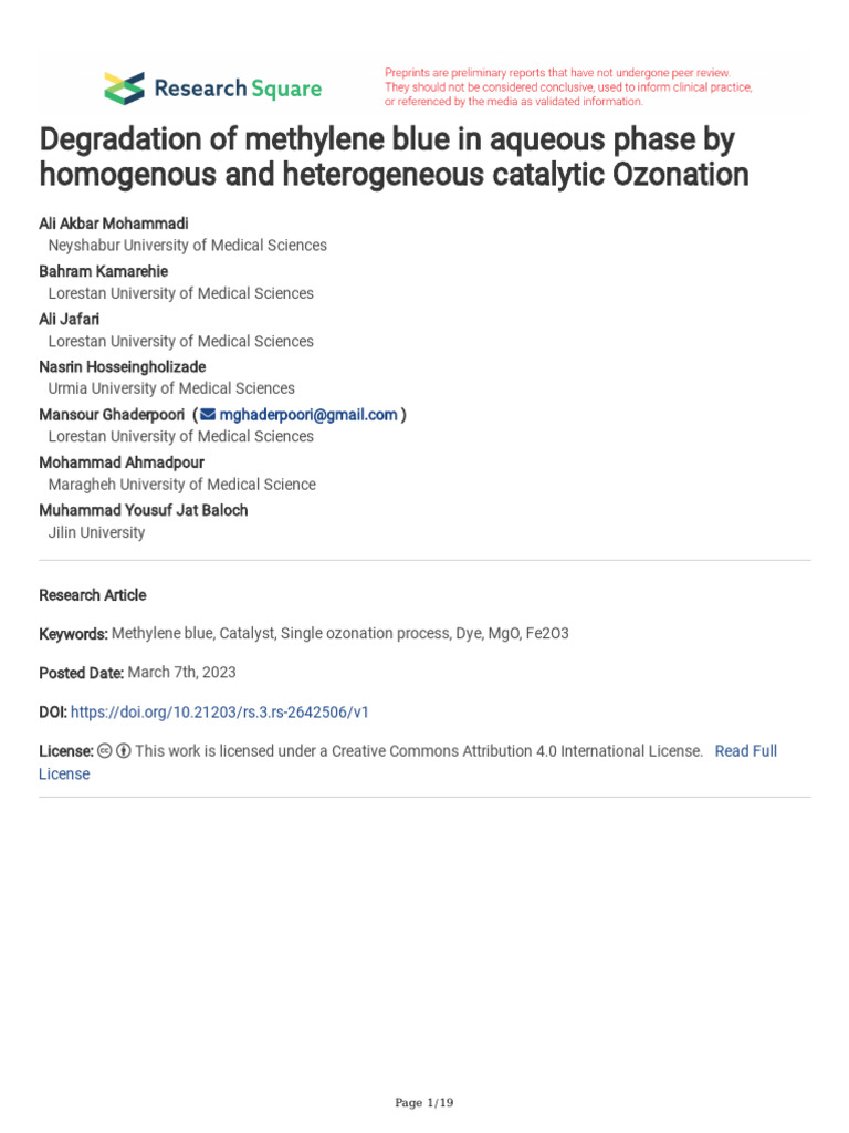 Degradation of Methylene Blue in Aqueous Phase by Homogenous and ...