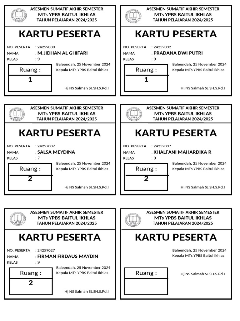 KARTU Psas 2024 MTS YPBS BI | PDF