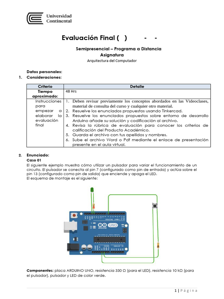 Evaluación Final - Arquitectura Del Computador - 2024 20A | PDF | Diodo emisor de luz | Arduino