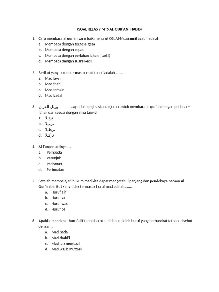 Soal Qurdis Kelas 7 Mts | PDF