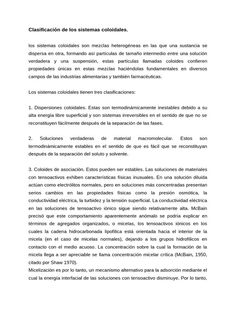 Clasificación de sistemas coloidales | PDF | Coloide | Tensioactivo