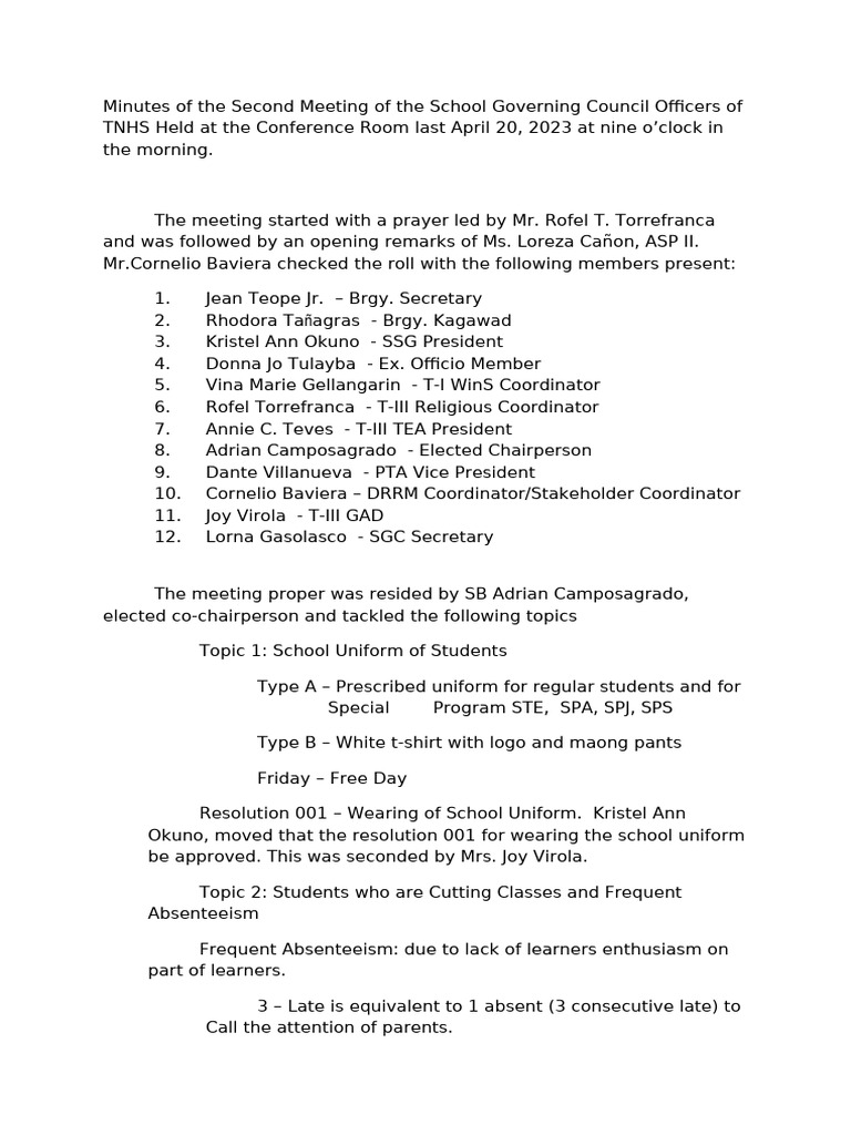 SGC Minutes Sample | PDF | Wellness