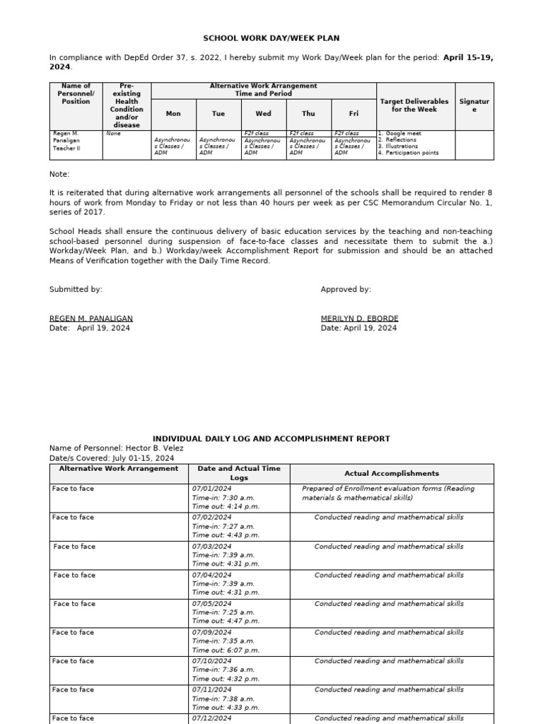 Weekly Work Plan for Teachers 2024 | PDF