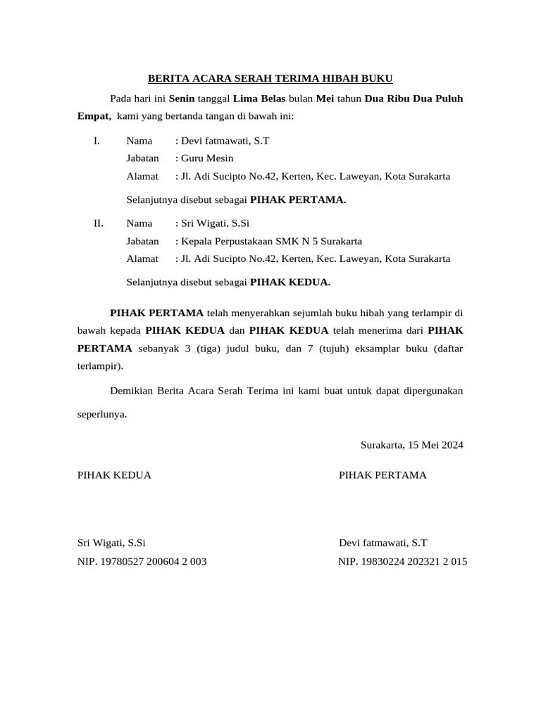 Berita Acara Serah Terima Hibah Buku | PDF