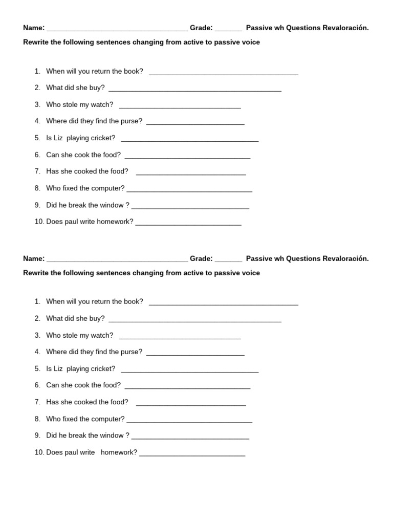 Passive Voice WH Questions Practice | PDF | Career & Growth | Self ...