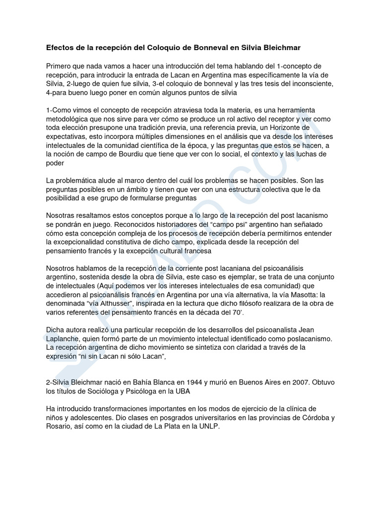 Coloquio de Bonneval Silvia Bleichma Final | PDF | Jacques Lacan | Psicoanálisis