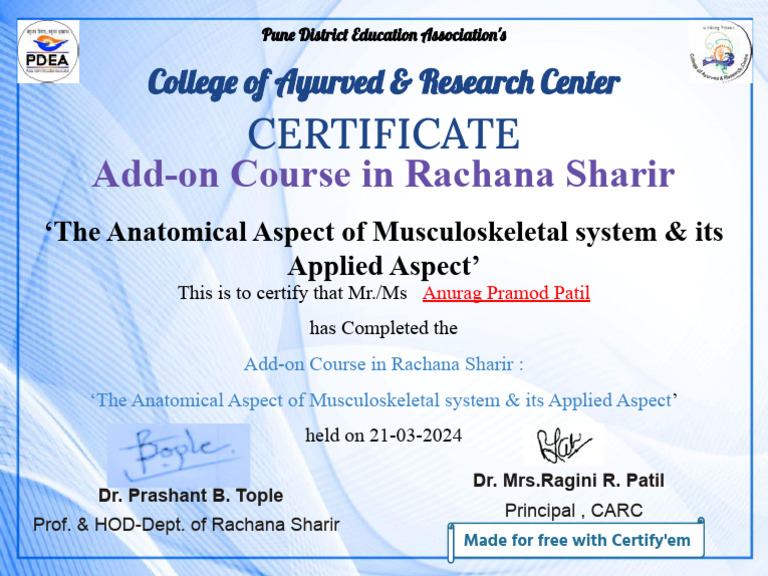 Certificate For Anurag Pramod Patil For - Add-On Course in Rachana Sh... | PDF | Wellness ...