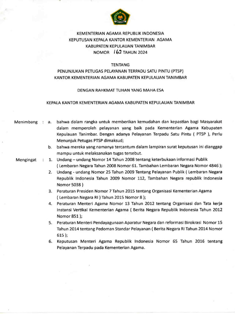 SK Pelayanan Terpadu Satu Pintu Kankemenag KKT | PDF