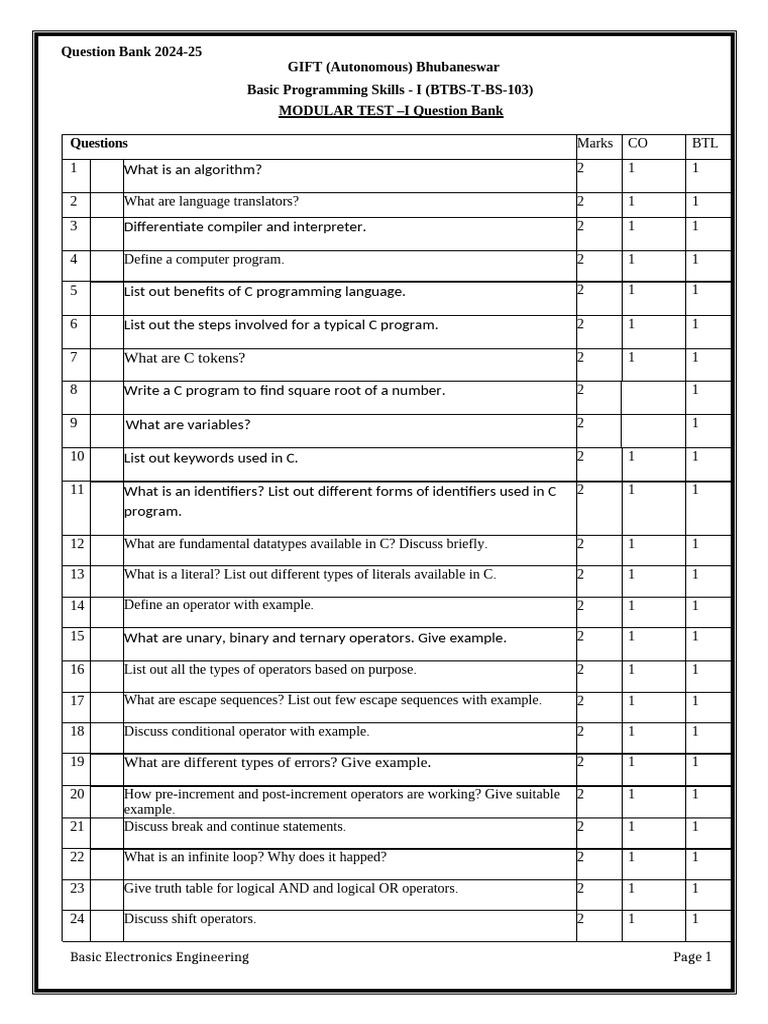 BPS Modular Test-1 Q. Bank | PDF | Control Flow | Numbers