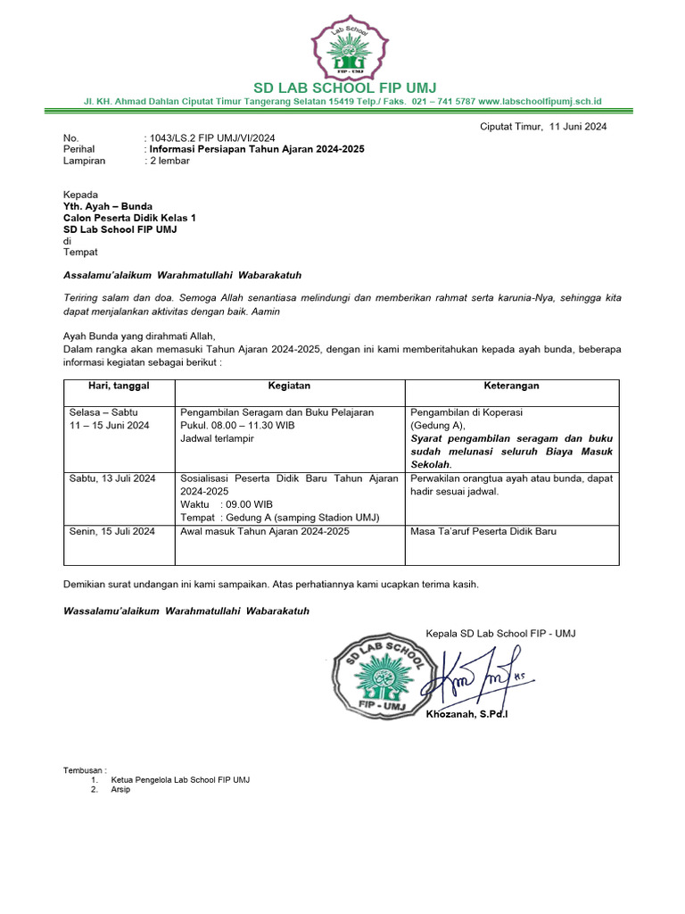 1043.surat Pem - Informasi Persiapan TA.2024-2025 SD Lab School FIP UMJ - 11 Juni 2024 | PDF
