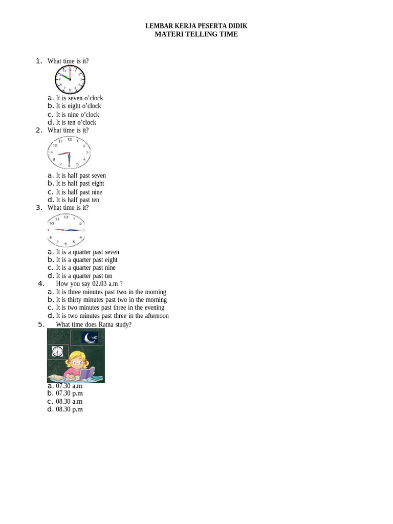 Telling Time Worksheet for Students | PDF | Language Arts & Discipline