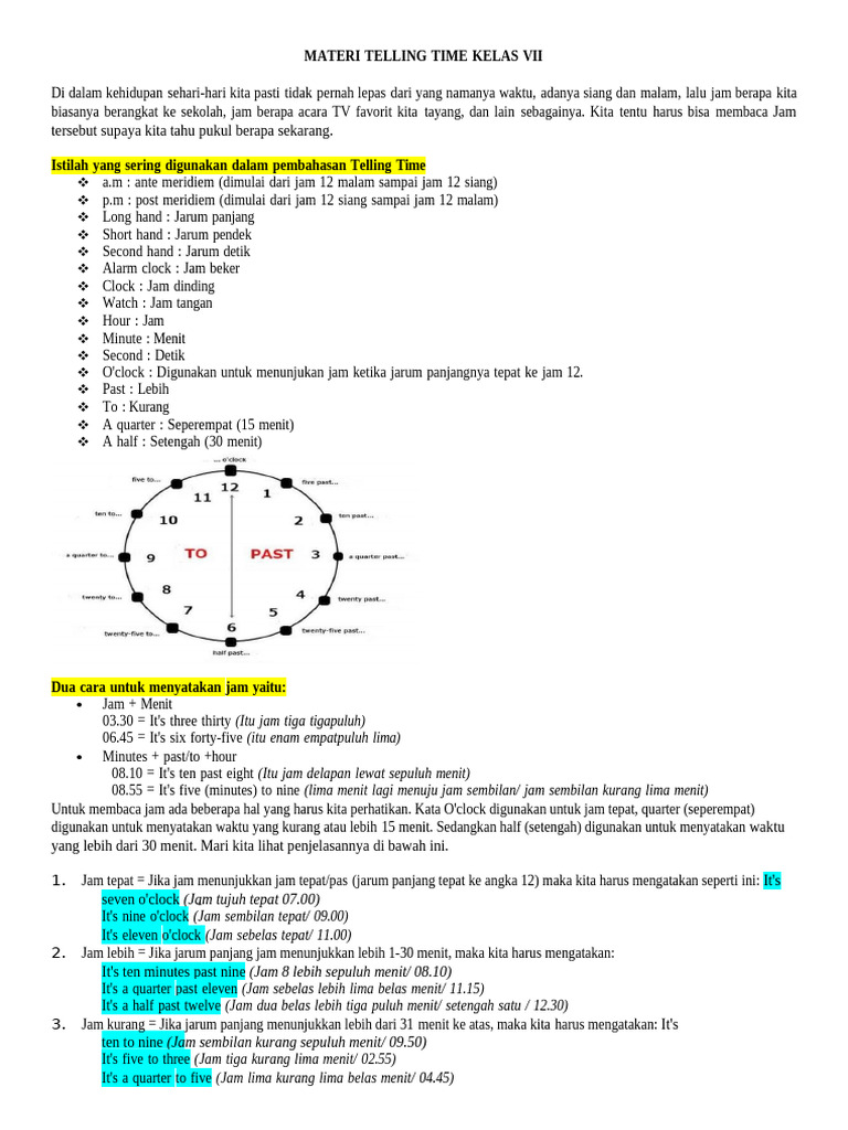 Materi Telling Time Kelas Vii | PDF