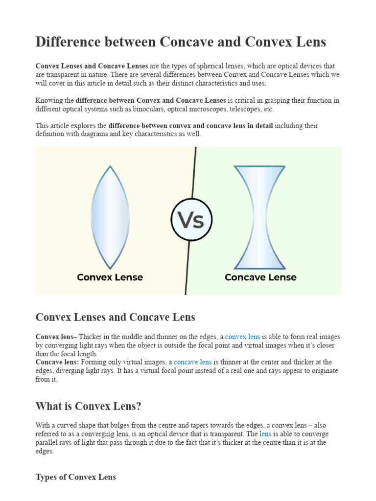 Difference between Concave and Convex Lens | PDF | Optics | Glass ...