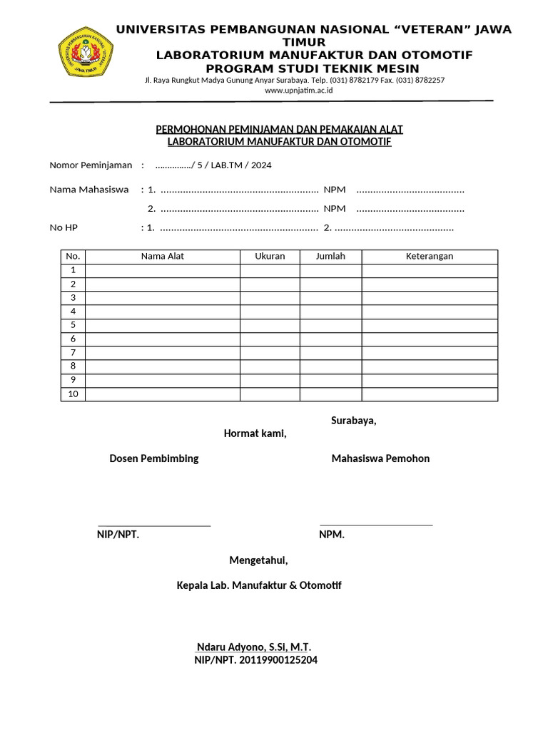 Form Peminjaman Alat Lab | PDF | Seni | Teknologi & Rekayasa