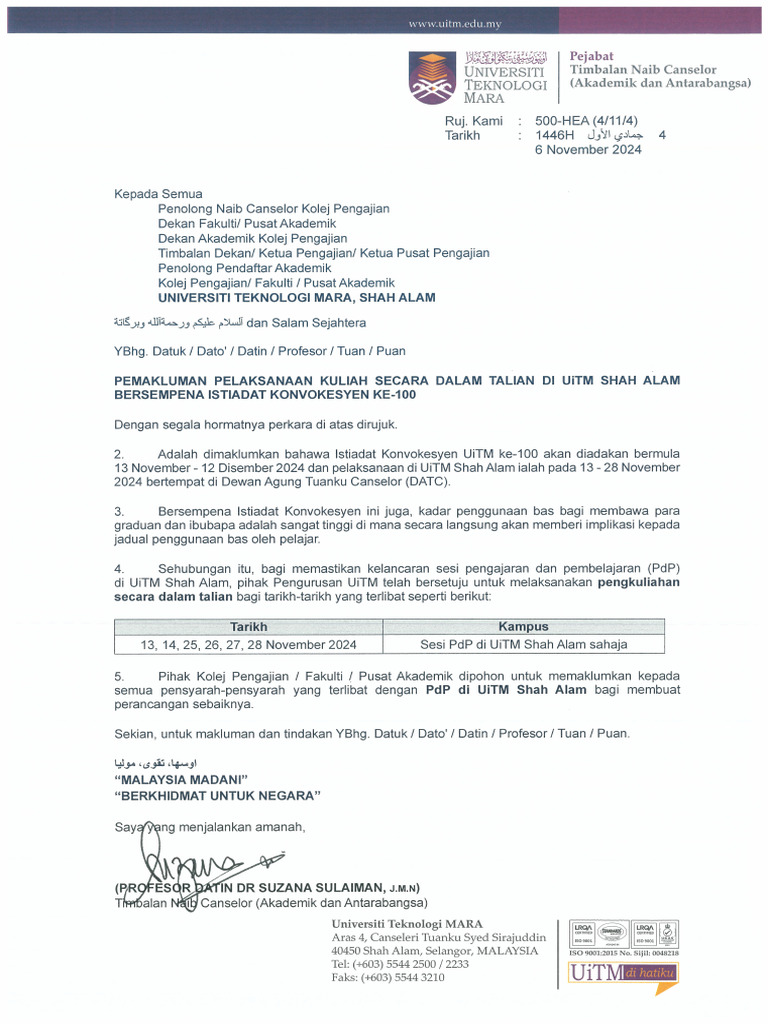 Surat Pemakluman PTJ Berkenaan Kuliah Dalam Talian | PDF