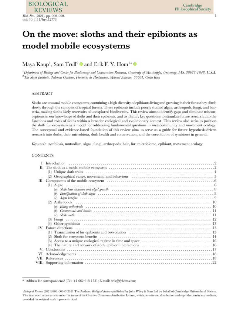 2021 - On The Move Sloths and Their Epibionts As Model Mobile Ecosystems | PDF | Wellness ...
