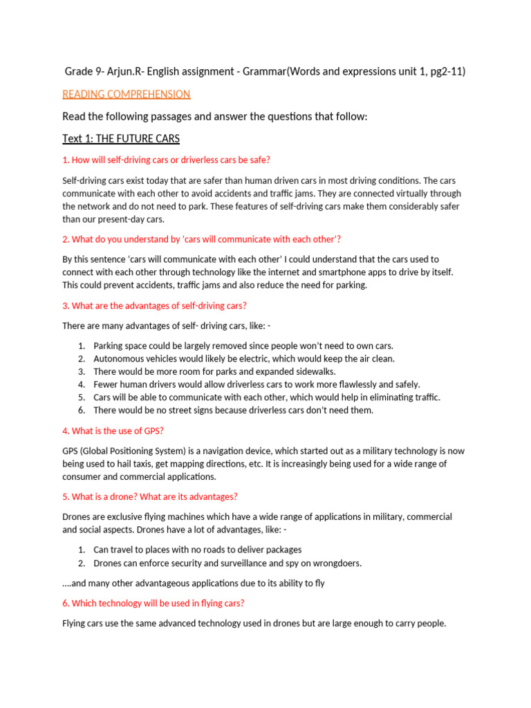 Grade 9 - Arjun.R - English Assignment - Grammar (Words and Expressions Unit 1, pg2-11) | PDF ...