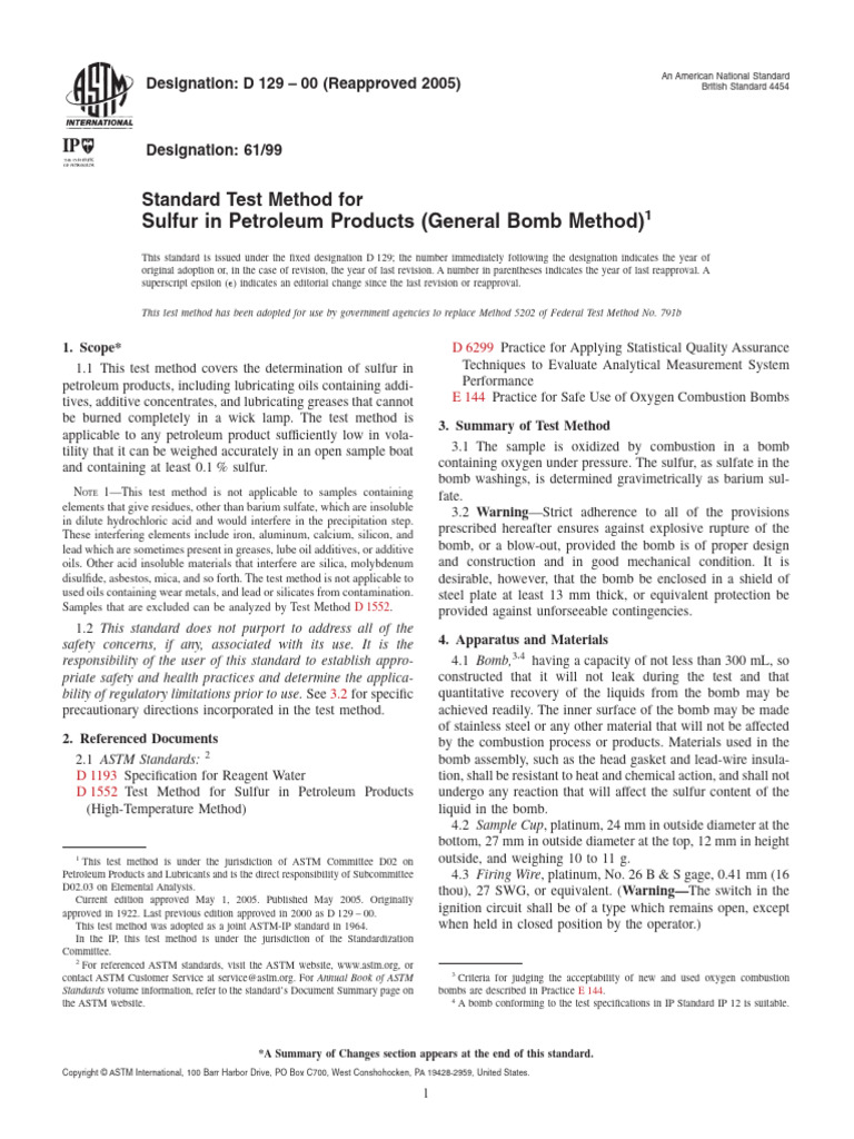 Sulfur in Petroleum Products (General Bomb Method) : Standard Test ...