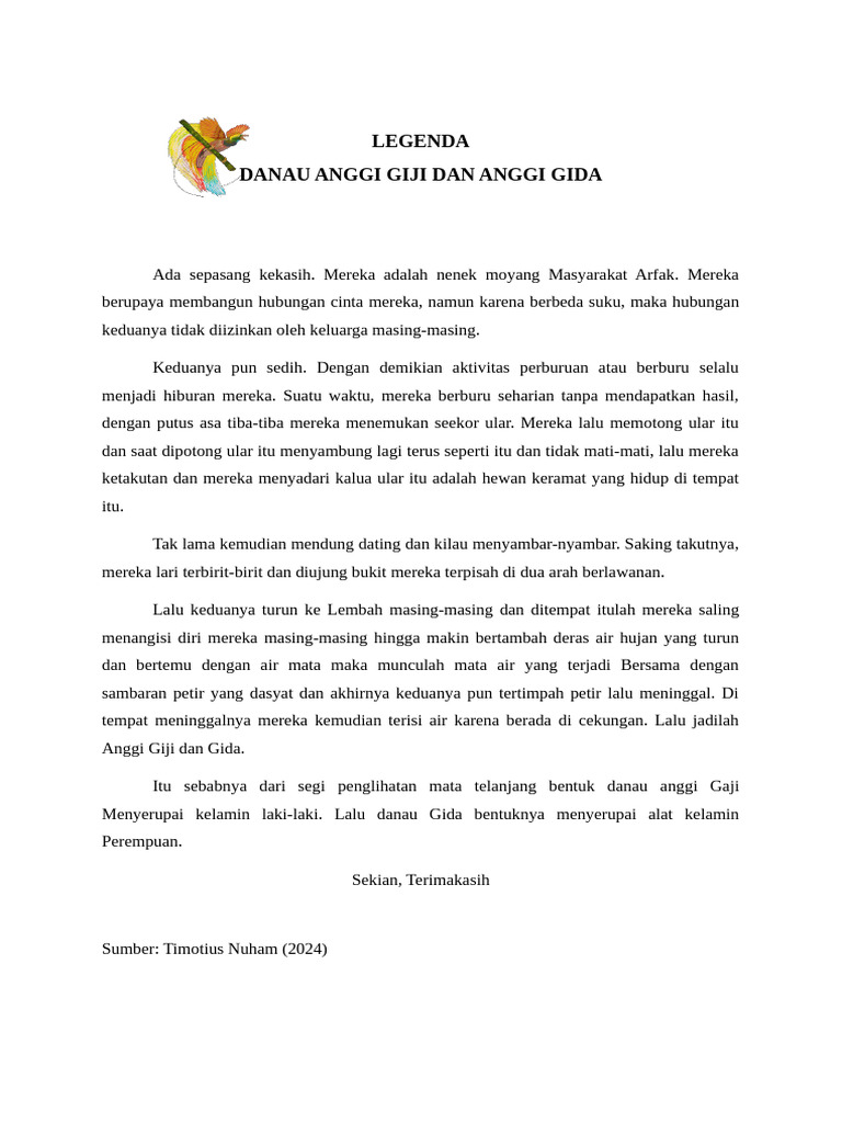 Legenda Danau Anggi Giji dan Gida | PDF