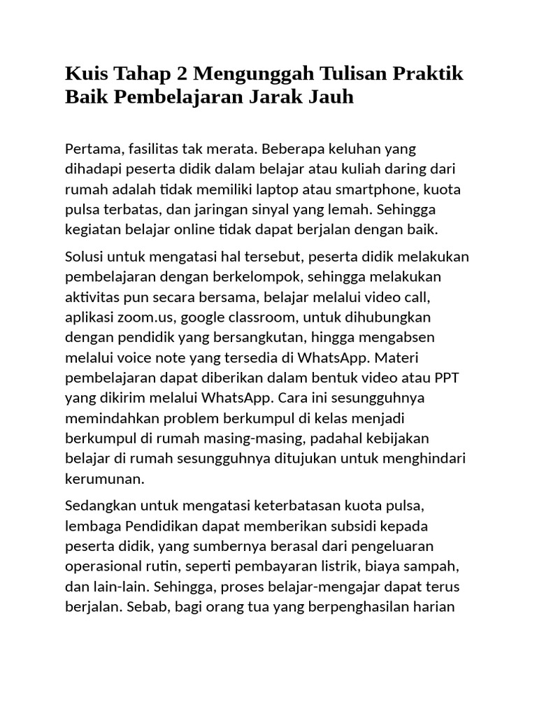 Kuis Tahap 2 Mengunggah Tulisan Praktik Baik Pembelajaran Jarak Jauh | PDF
