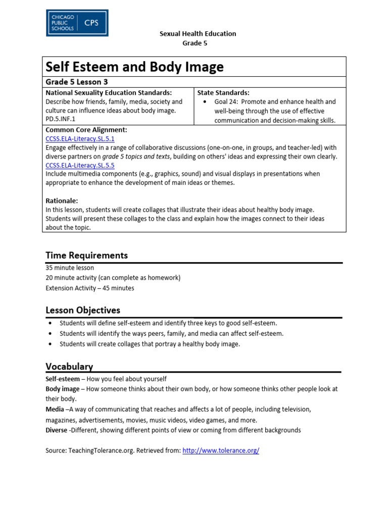 Lesson 3 - Self-Esteem and Body Image Lesson Plan | PDF | Self Esteem ...