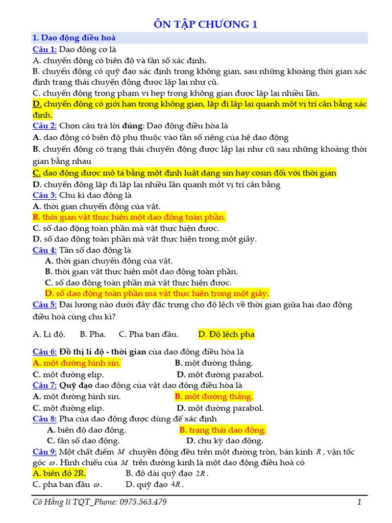 ÔN TẬP GK1 LÍ 11 CÓ ĐÁP ÁN | PDF