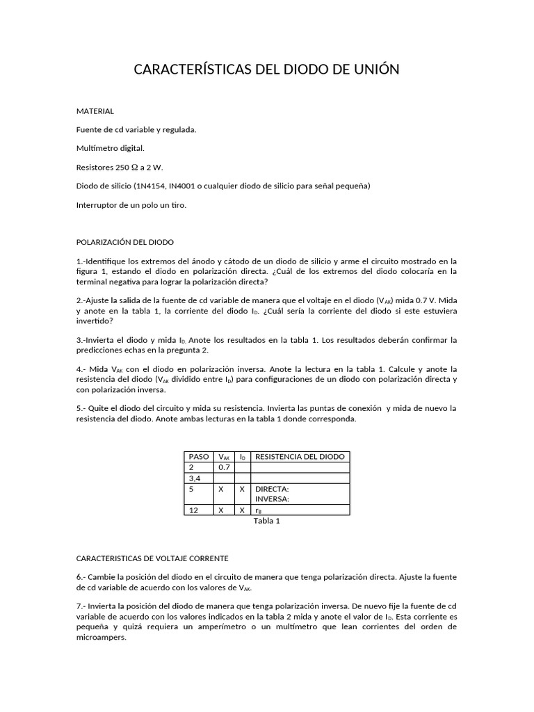 Pràctica 1 CARACTERISTICAS DEL DIODO DE UNIÓN | PDF | Diodo | Corriente ...