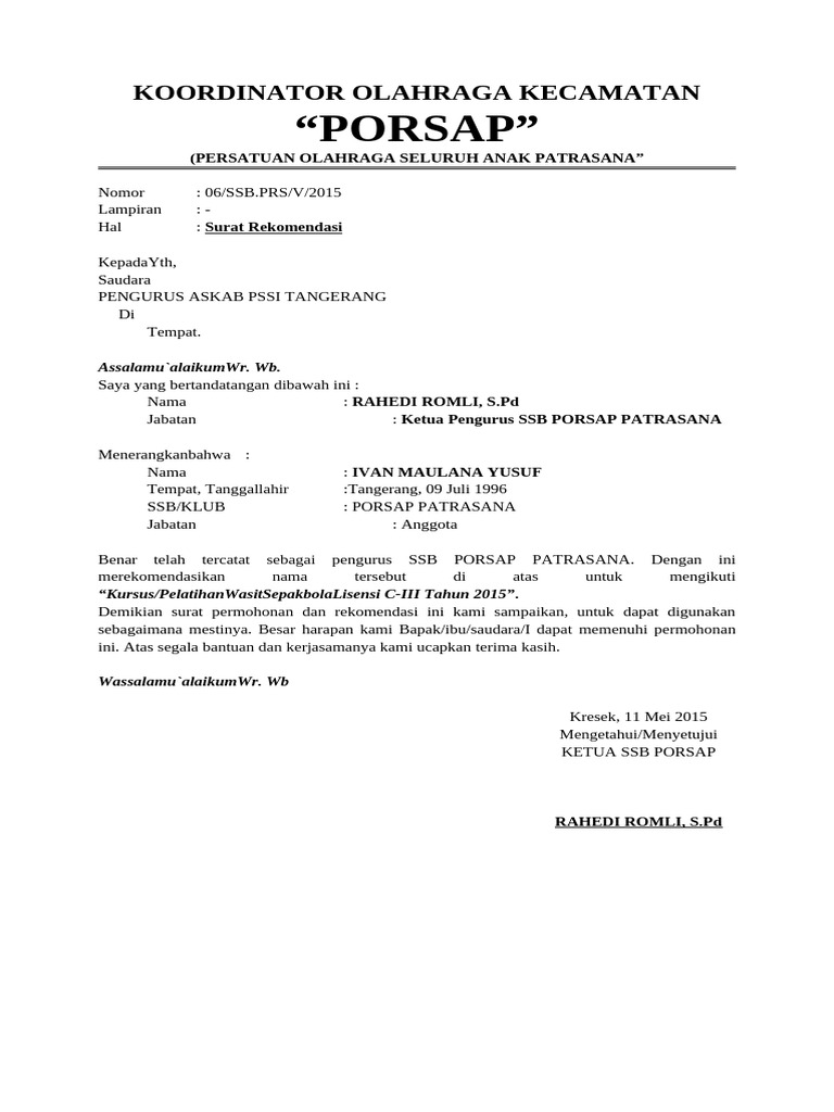 Surat Rekomendasi KONI | PDF