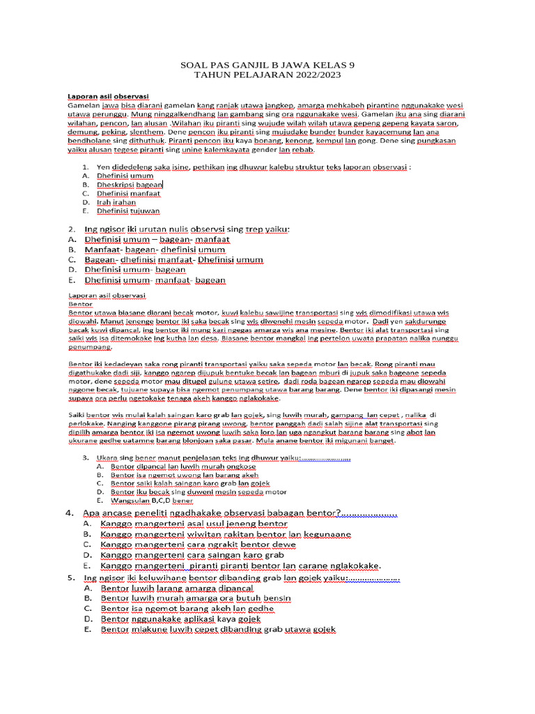 Soal Pas Ganjil B Jawa Kelas 9 | PDF