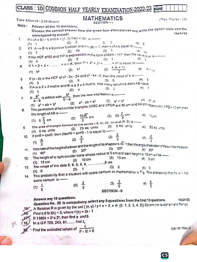 10th Maths EM Half Yearly Exam 2022 Original Question Paper Chennai District English Medium PDF ...