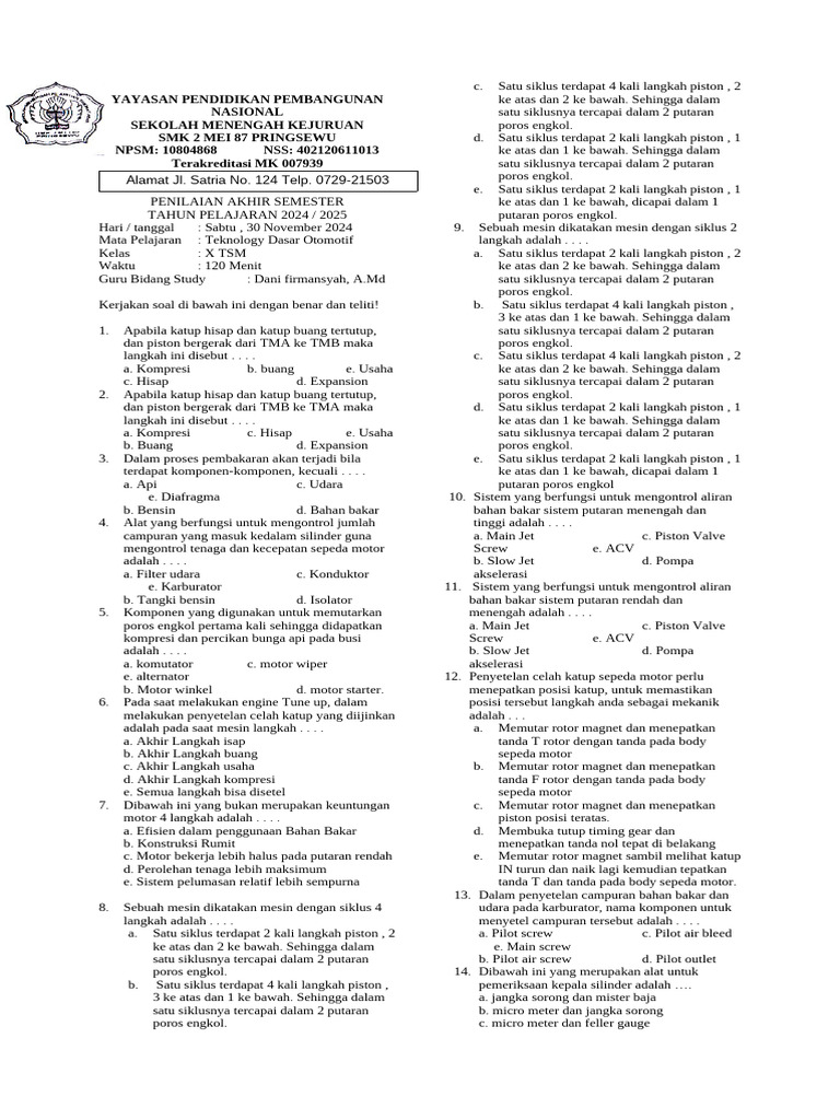 Soal Pas Tdo Ganjil Kelas X TSM 2024 | PDF | Griya & Taman