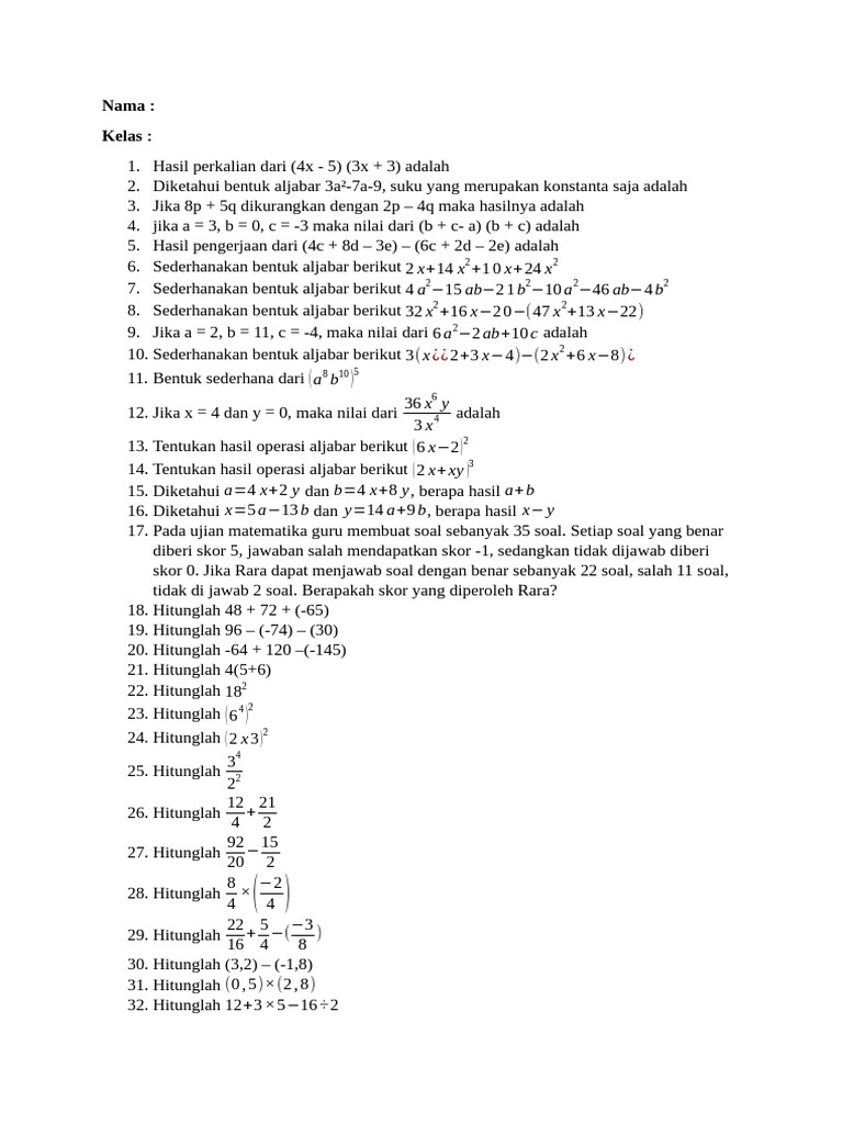 Latihan Soal Kisi-Kisi PTS Matematika | PDF