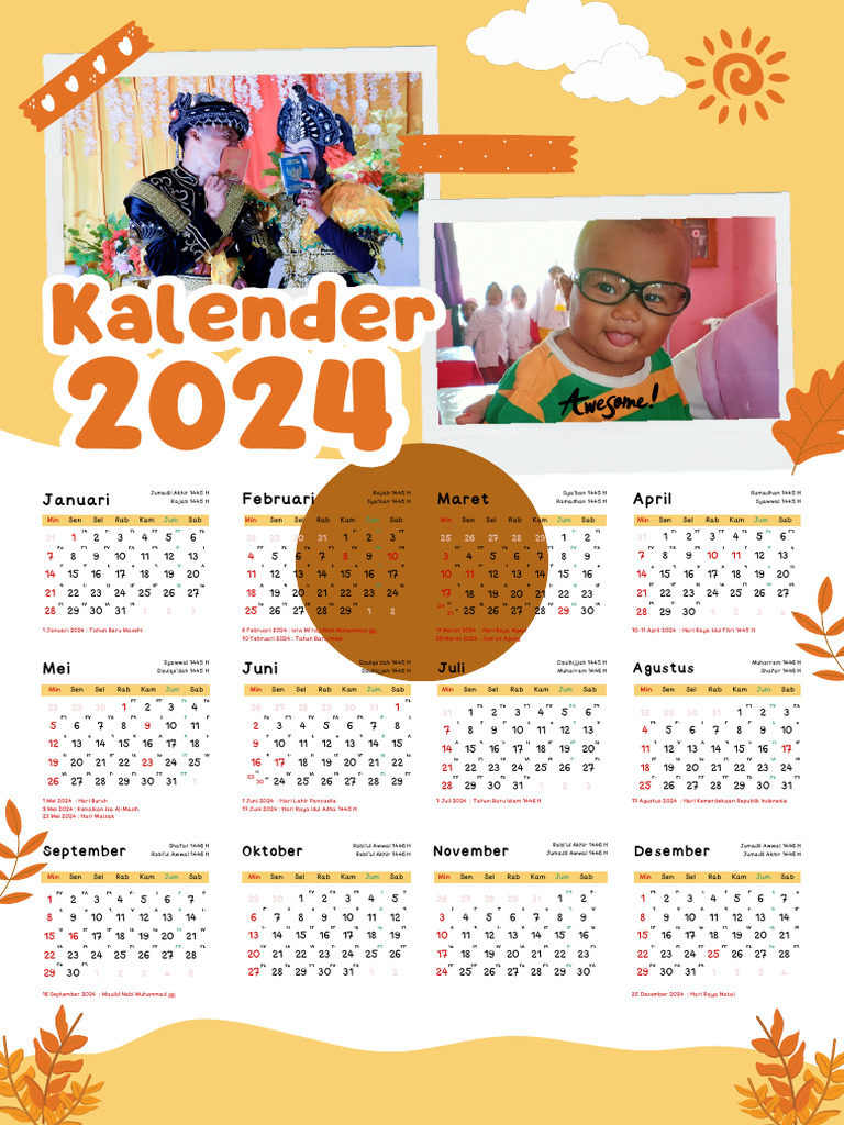 Kuning Jingga Ilustrasi Ceria Kalender Tahun 2024 Foto Kolase A3 | PDF