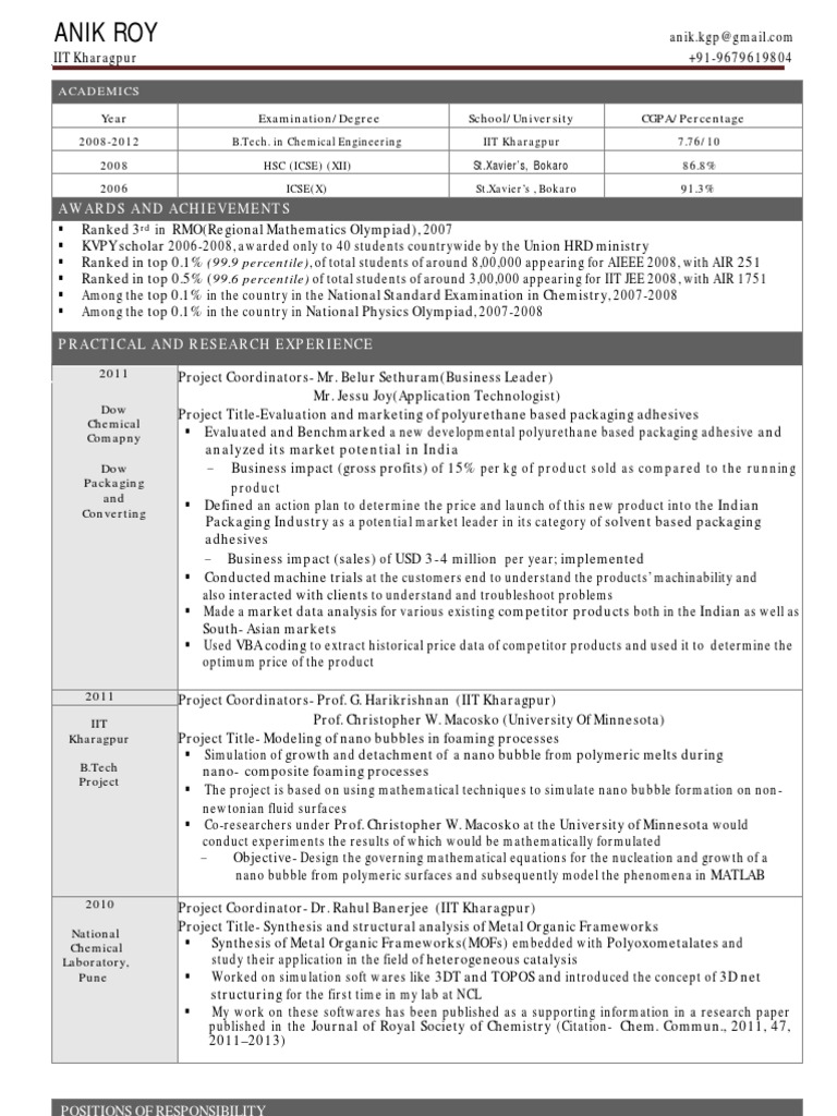 08ch1013 Anik Roy Iit KGP Mckinsey Resume | PDF | Nanotechnology | Simulation
