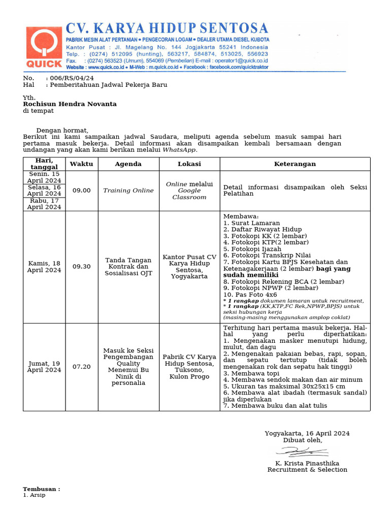 006 Memo Pemberitahuan Agenda Masuk Staf Tuksono - ROCHISUN HENDRA | PDF