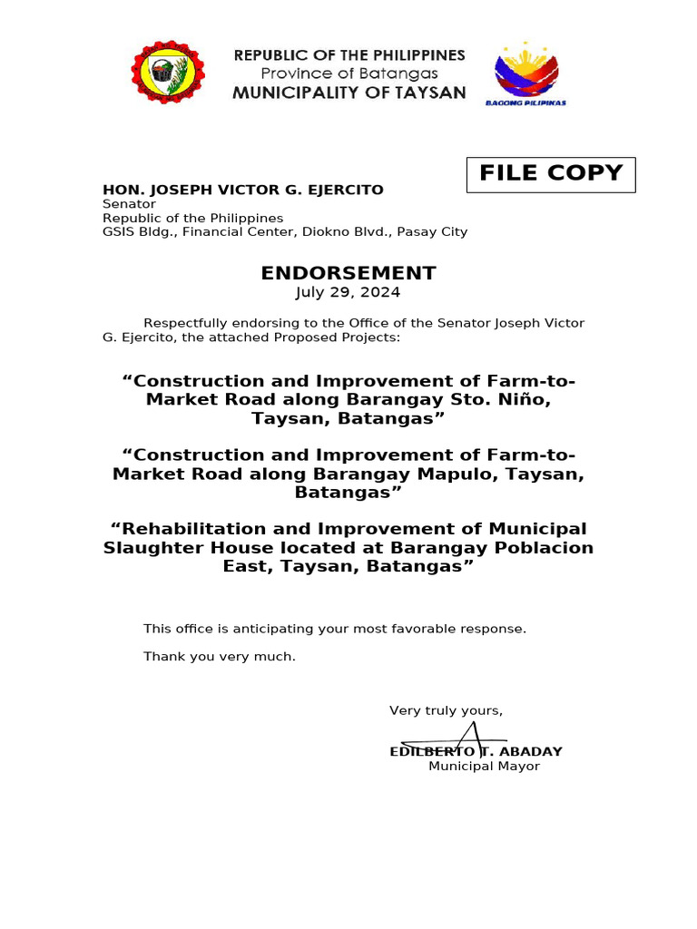 Endorsement Letter To Sen. JV Ejercito - FMR & Slaughter House | PDF